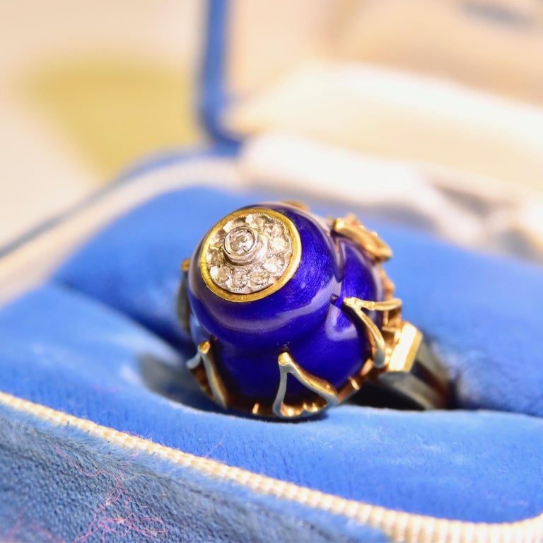 18k Royal Blue Enamel Diamond Cluster Heart Motif Bombe Dome Ring For ...