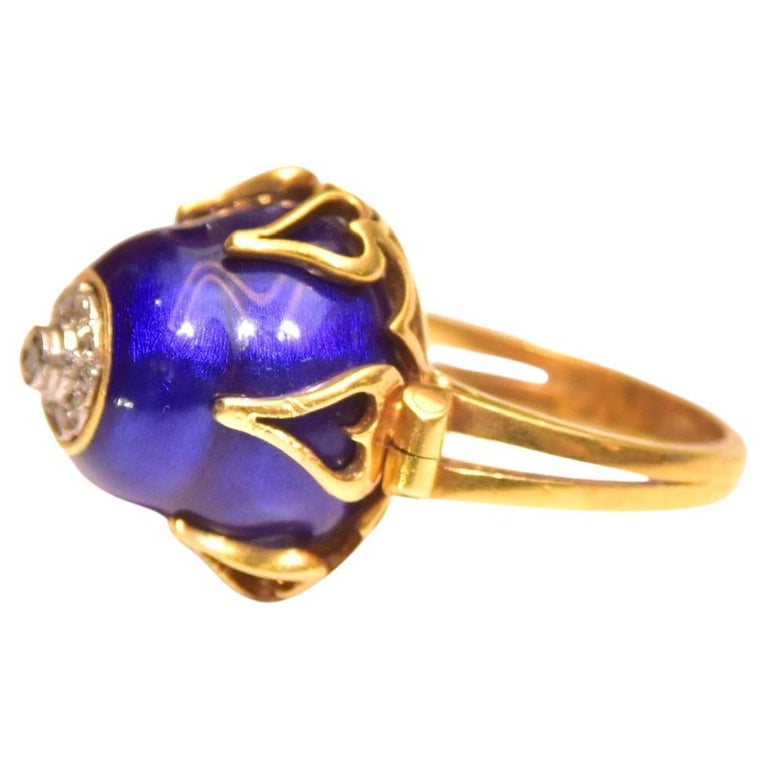 18k Royal Blue Enamel Diamond Cluster Heart Motif Bombe Dome Ring For ...