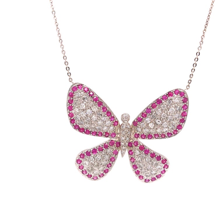 18K Ruby and Diamond Butterfly Pendant Necklace White Gold For Sale at ...