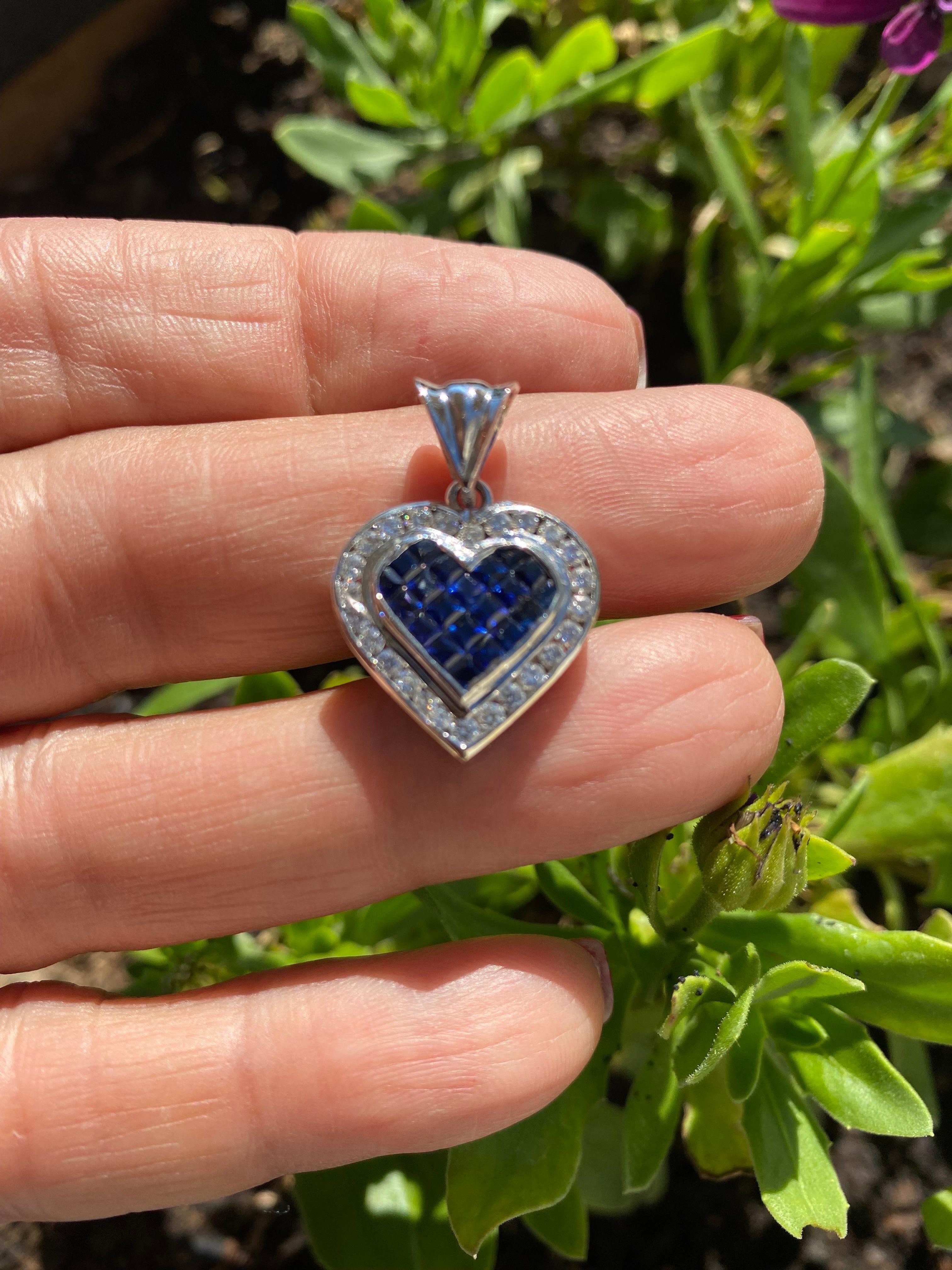 18K Sapphire and Diamond Princess Heart Pendant Invisible 2.00 Carats ...