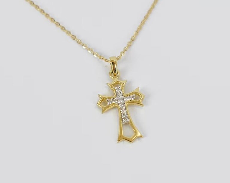 18k Solid Gold Diamond Cross Necklace Delicate Cross Necklace For Sale ...