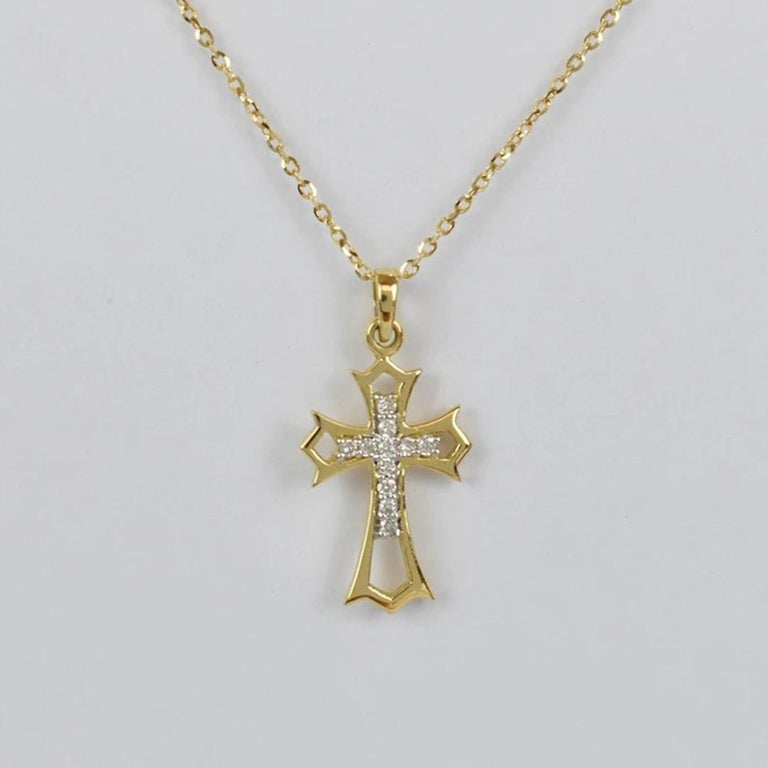 18k Solid Gold Diamond Cross Necklace Delicate Cross Necklace For Sale ...