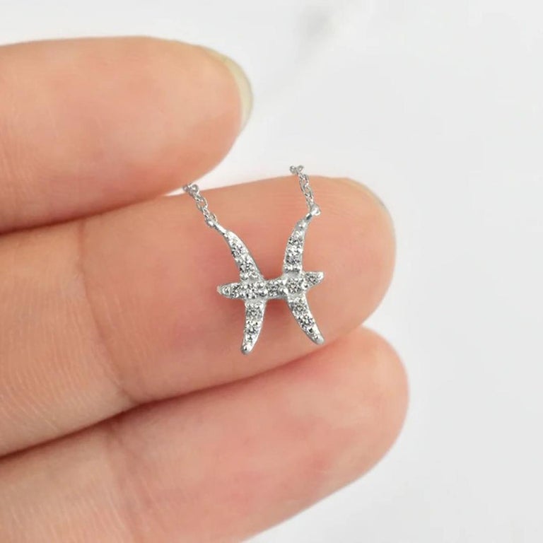 18k Solid Gold Diamond Necklace Pisces Zodiac Sign Birth Sign Necklace ...