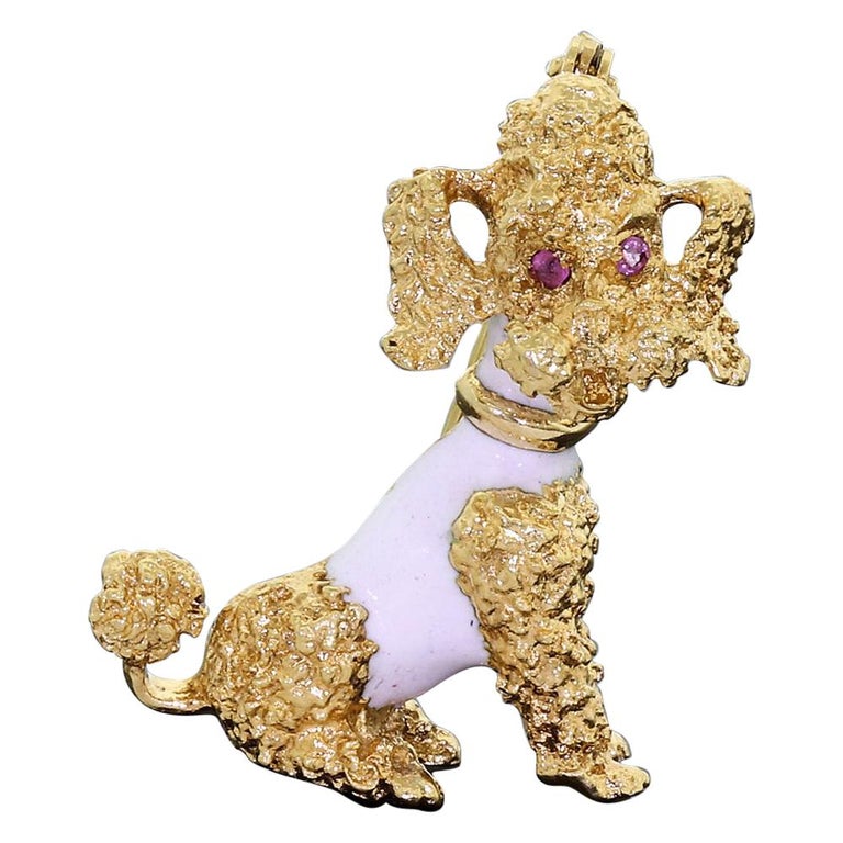 18K Solid Gold French Poodle Brooch Signed White Enamel Puppy Dog ...