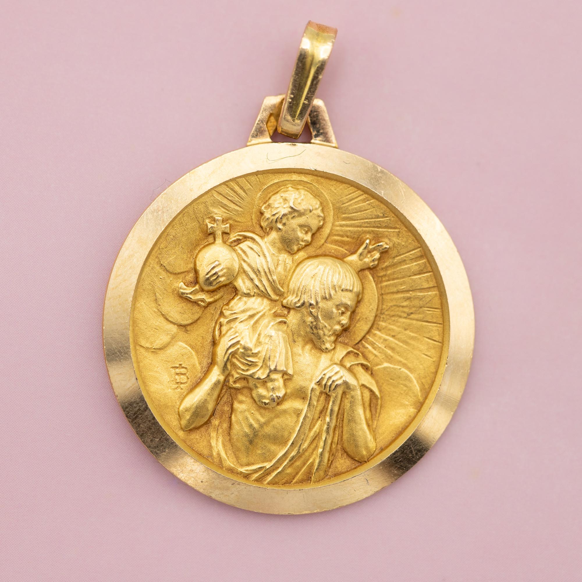 XL 18K solid gold pendant - Saint Christopher charm - 1960's Catholic ...