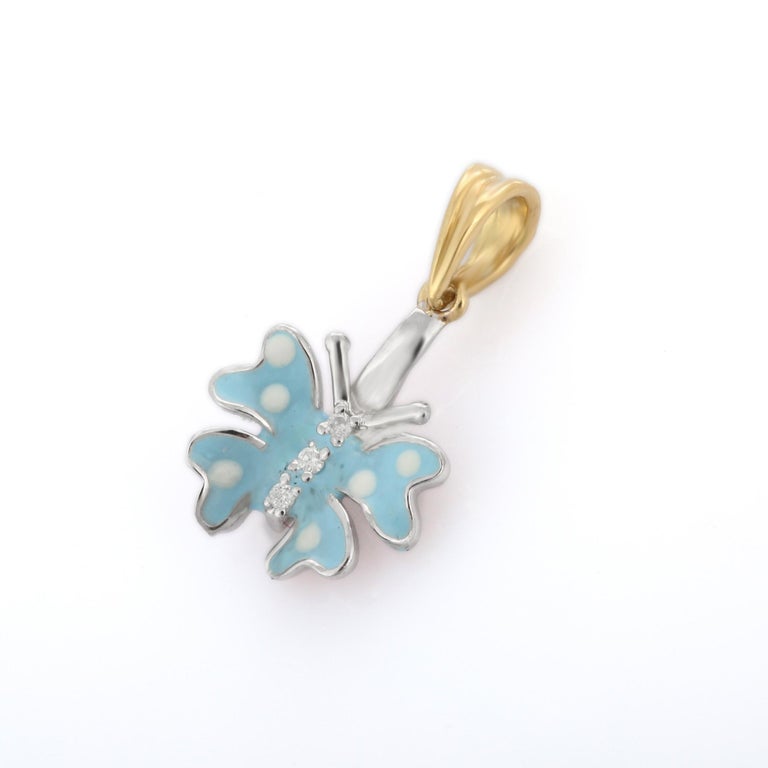 18K Solid White Gold Enamel Butterfly and Diamond Pendant Necklace For ...