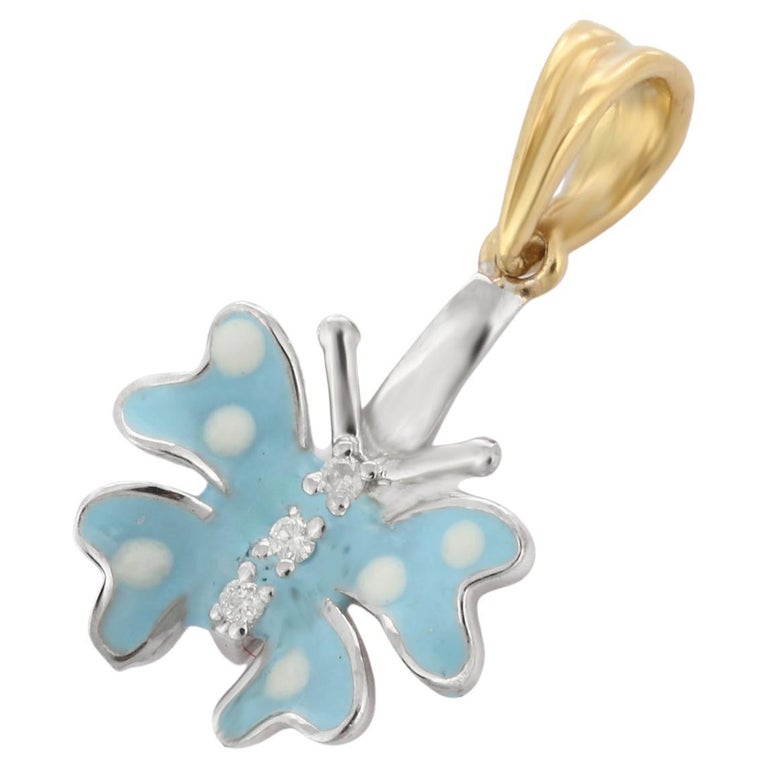 18K Solid White Gold Enamel Butterfly and Diamond Pendant Necklace For ...