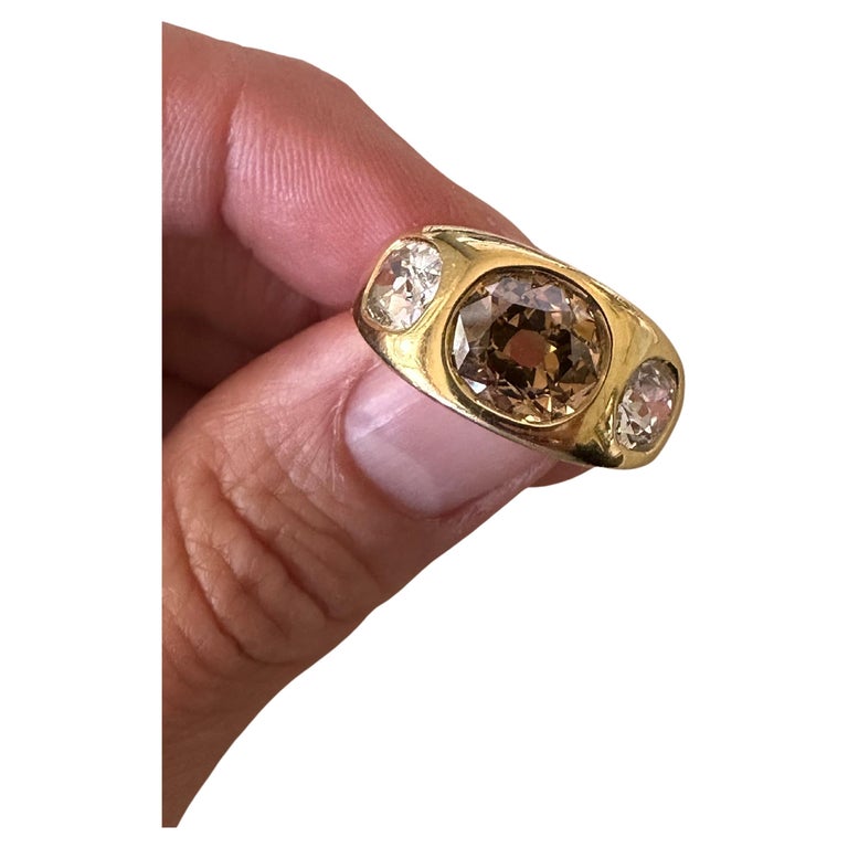 18K Three-Stone Old Mine Cut Diamond Gypsy Ring For Sale at 1stDibs