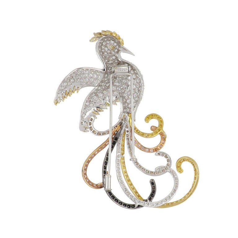 Multi-Colored Diamond Phoenix Brooch in 18K Gold For Sale at 1stDibs