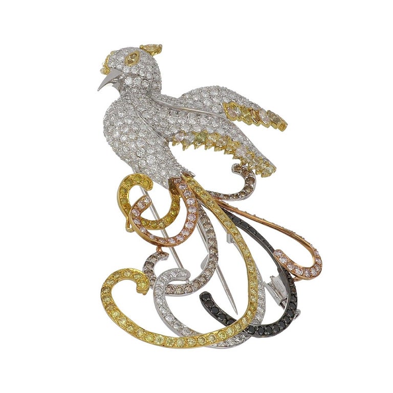Multi-Colored Diamond Phoenix Brooch in 18K Gold For Sale at 1stDibs
