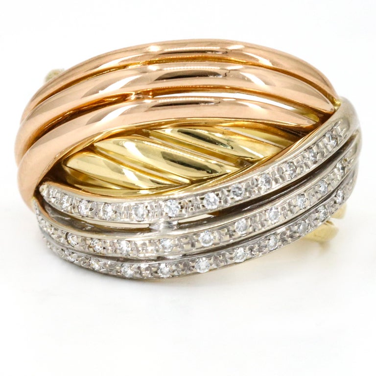 18 Karat Tri-Color Gold Diamond Interlocking Bands Ring For Sale at 1stDibs