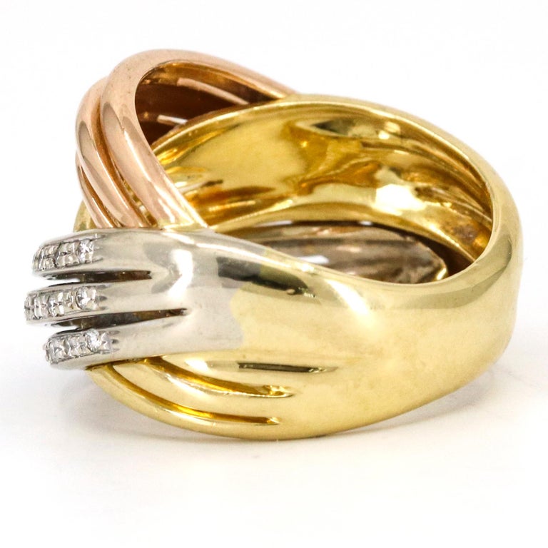 18 Karat Tri-Color Gold Diamond Interlocking Bands Ring For Sale at 1stDibs