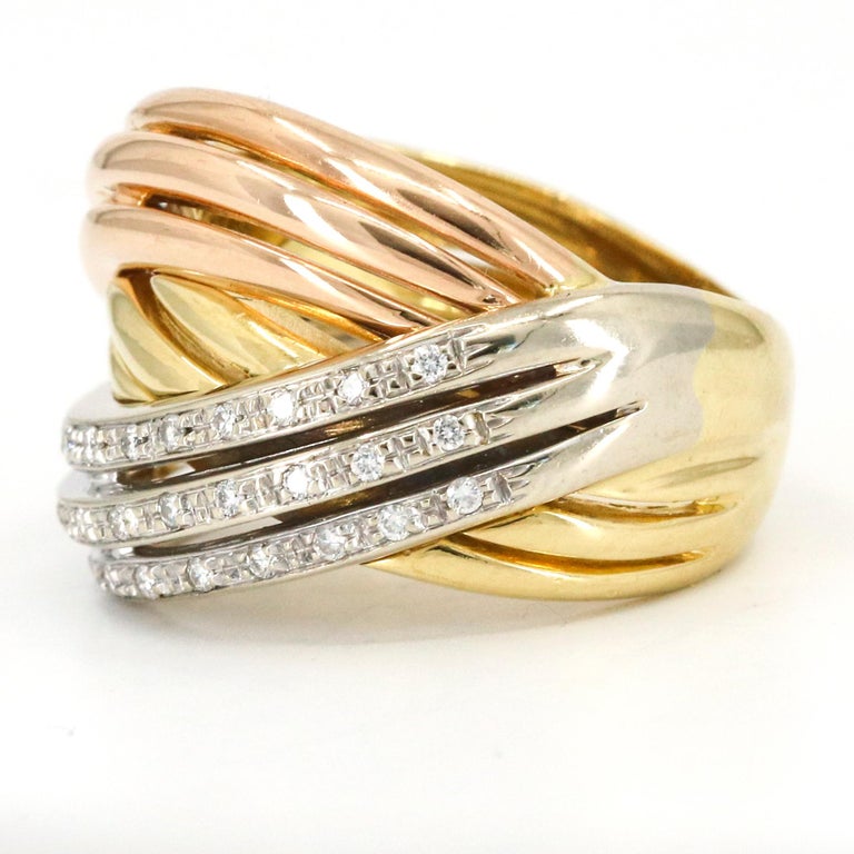 18 Karat Tri-Color Gold Diamond Interlocking Bands Ring For Sale at 1stDibs