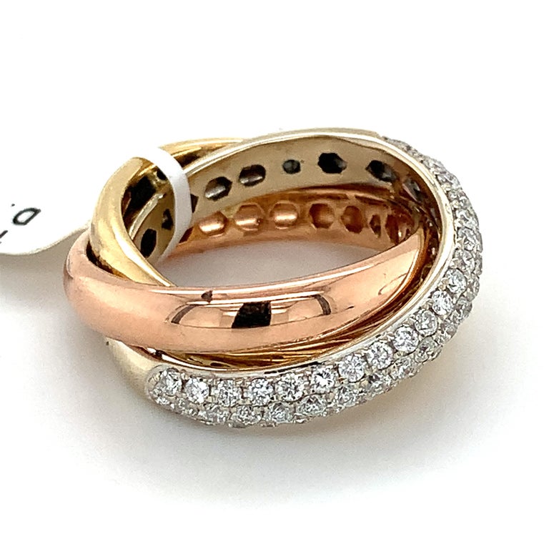 18k Tri Color Gold Round White Diamond 3 Row Trinity Band Ring For Sale ...