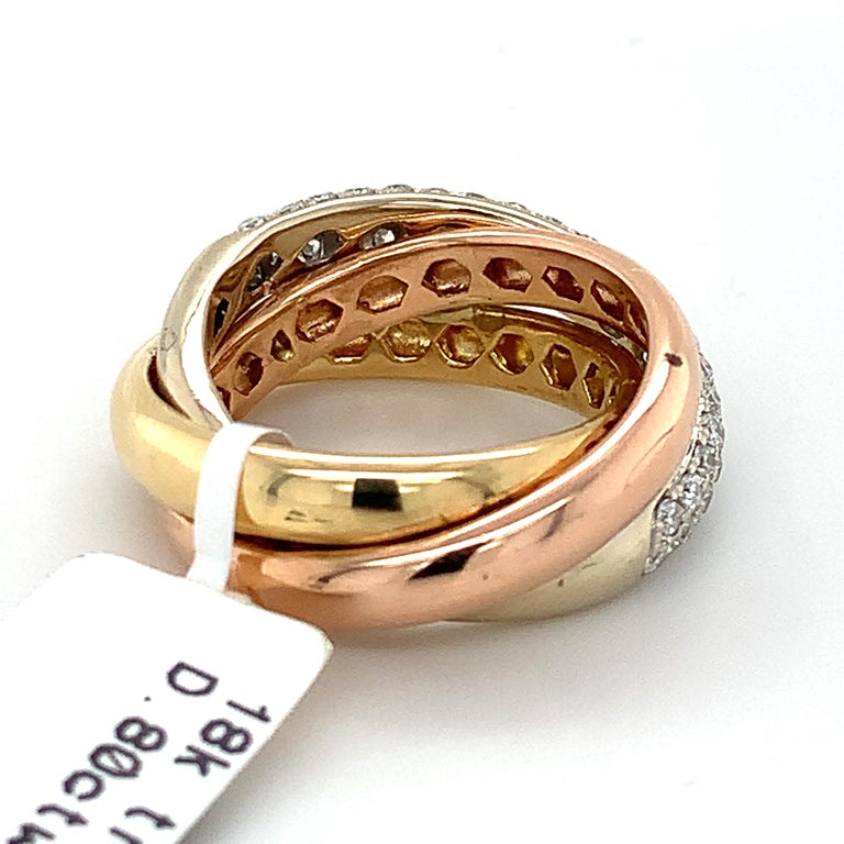 18k Tri Color Gold Round White Diamond 3 Row Trinity Band Ring For Sale ...