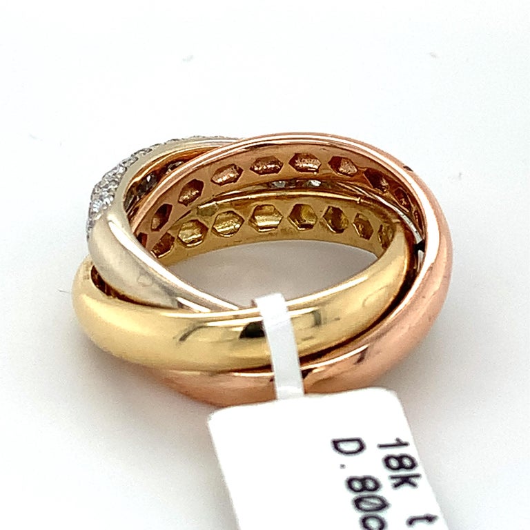 18k Tri Color Gold Round White Diamond 3 Row Trinity Band Ring For Sale ...