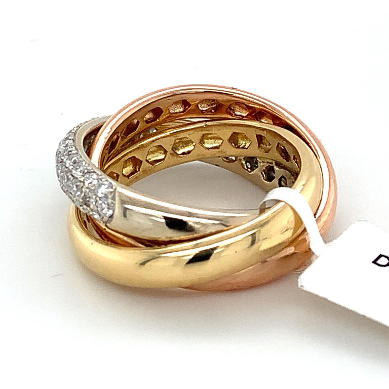 18k Tri Color Gold Round White Diamond 3 Row Trinity Band Ring For Sale ...