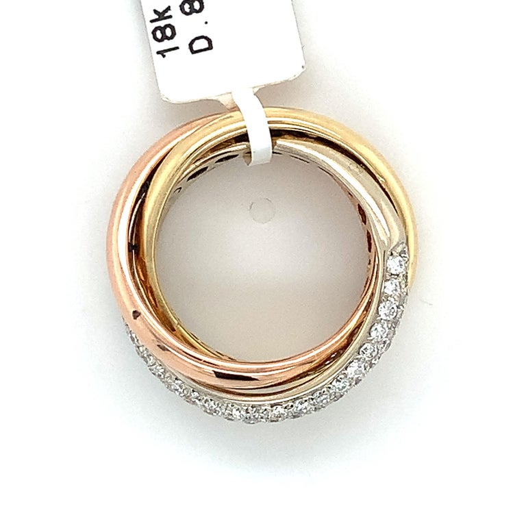 18k Tri Color Gold Round White Diamond 3 Row Trinity Band Ring For Sale ...