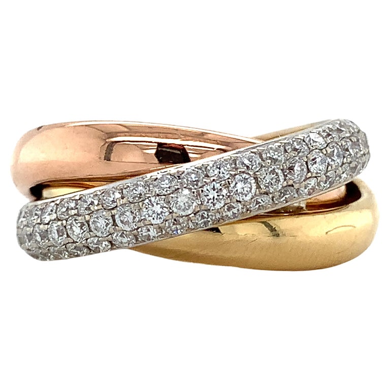 18k Tri Color Gold Round White Diamond 3 Row Trinity Band Ring For Sale ...