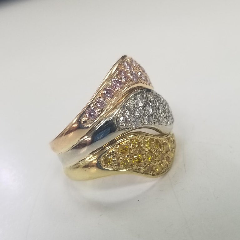 18k Tri-Color Gold with Natural Pink, Yellow and White Diamond Ring For ...