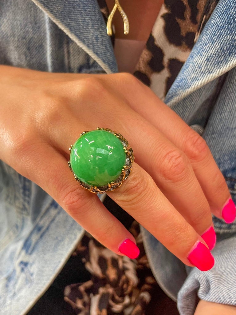 18k Two Tone Cabochon Jadeite and Diamond Ring For Sale at 1stDibs