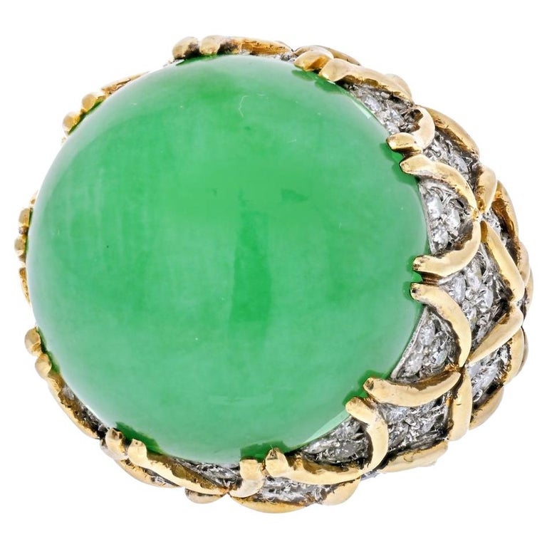 18k Two Tone Cabochon Jadeite and Diamond Ring For Sale at 1stDibs