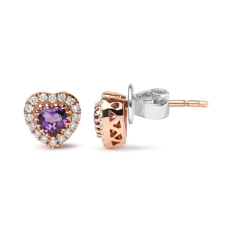 18K Two-Tone Gold 1/6 Carat Diamond and Purple Amethyst Gemstone Stud ...