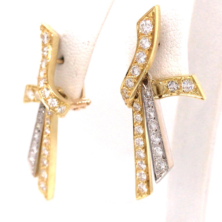 18K Two-Tone Gold Diamond Hanging Dangle Earrings For Sale at 1stDibs