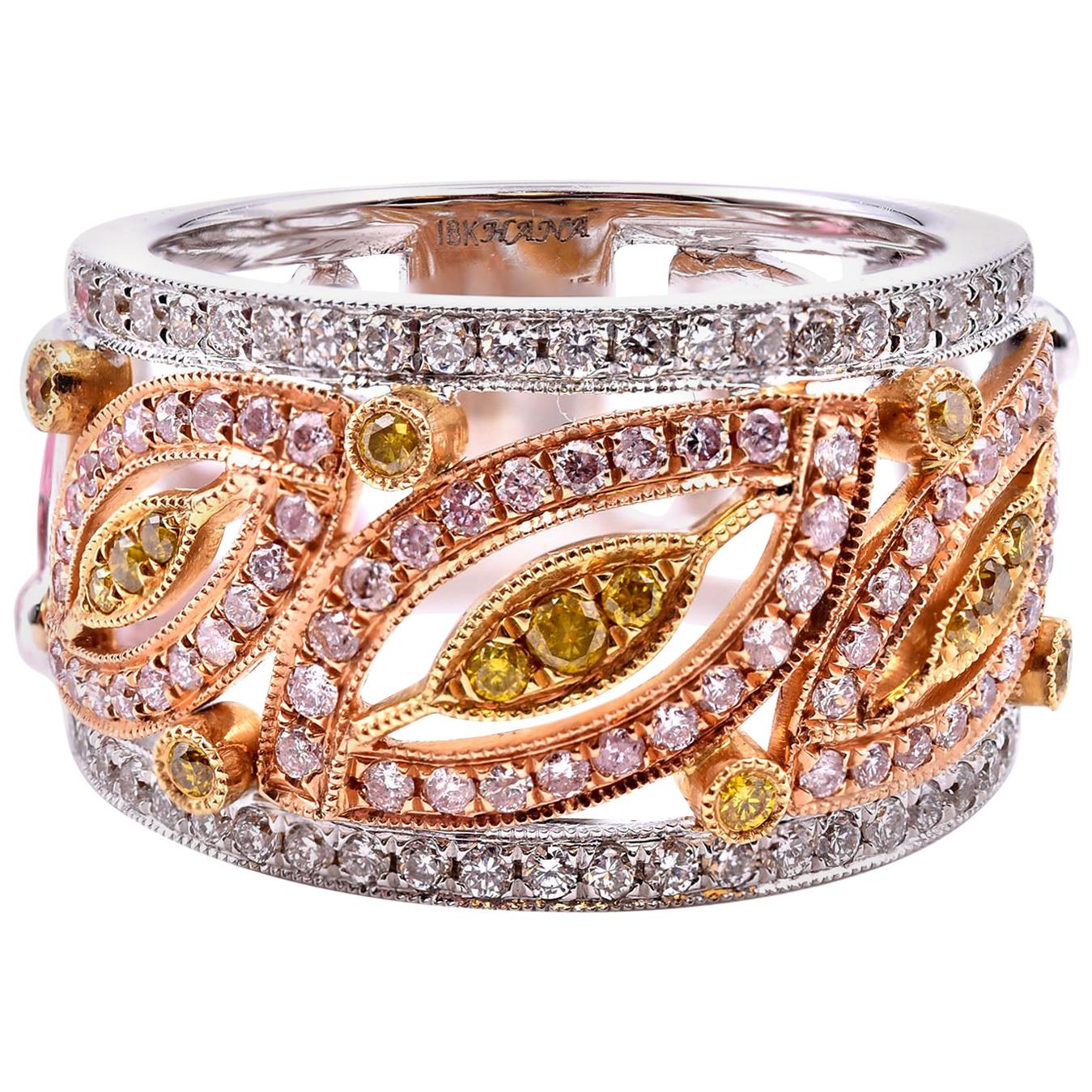 18 Karat Two-Tone Gold Fancy Yellow, Pink and Diamond Filigree Style ...