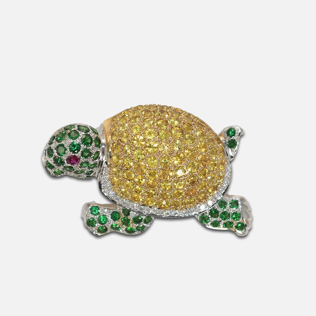 18K Two-Tone Gold Turtle Brooch w/ Yellow Sapphire, Tsavorite Garnet ...