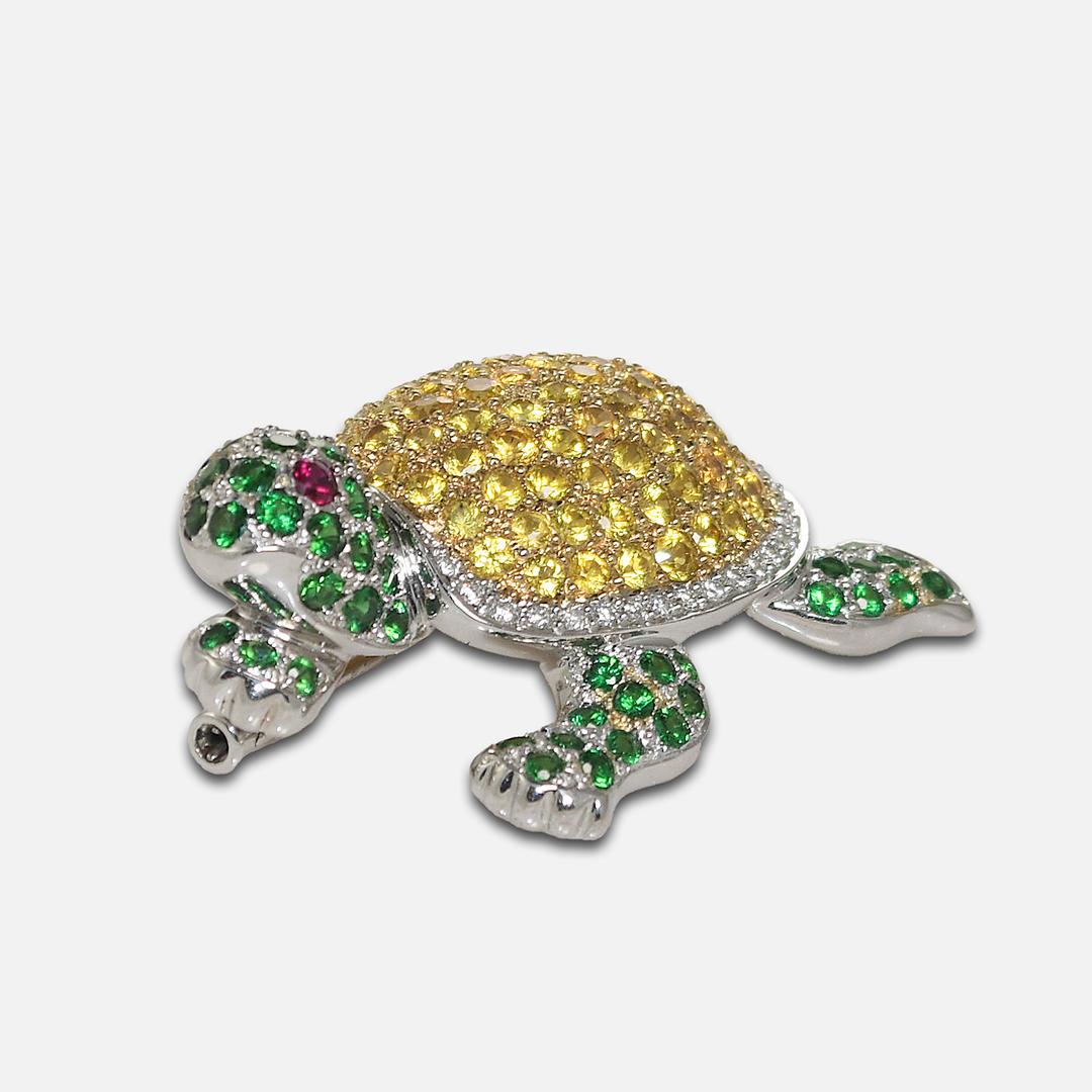 18K Two-Tone Gold Turtle Brooch w/ Yellow Sapphire, Tsavorite Garnet and Diamond For Sale at 1stDibs
