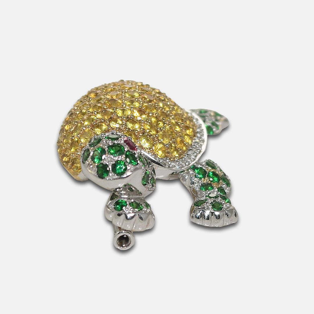 18K Two-Tone Gold Turtle Brooch w/ Yellow Sapphire, Tsavorite Garnet and Diamond For Sale at 1stDibs