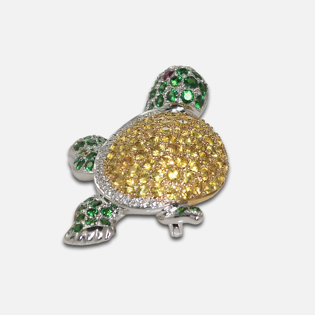 18K Two-Tone Gold Turtle Brooch w/ Yellow Sapphire, Tsavorite Garnet ...