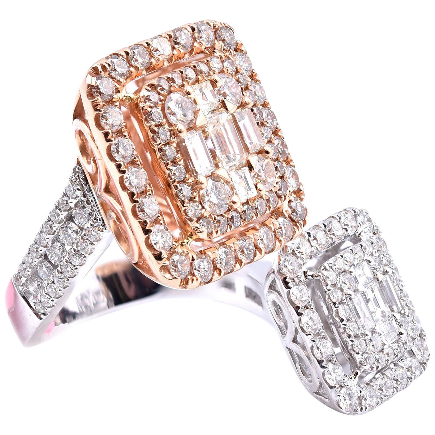 18 Karat Two-Tone Round and Baguette Diamond Cluster Double Head Ring ...
