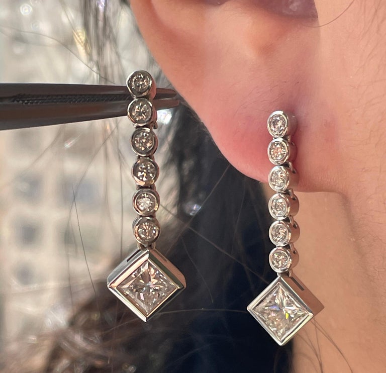 18k W-Gold Princess Square Drop Earring, Dangling Earring, Dainty ...