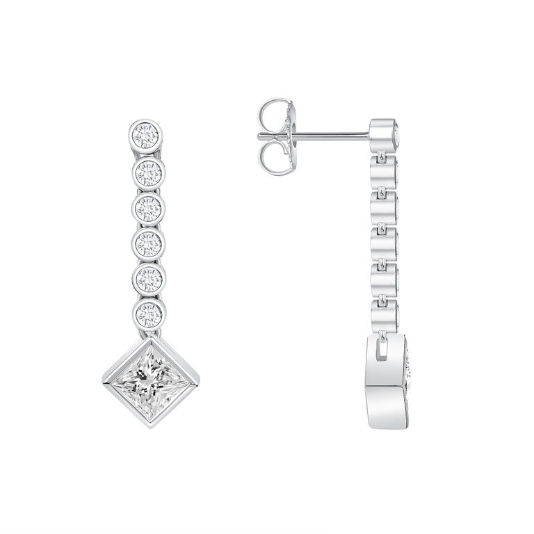 18k W-Gold Princess Square Drop Earring, Dangling Earring, Dainty ...