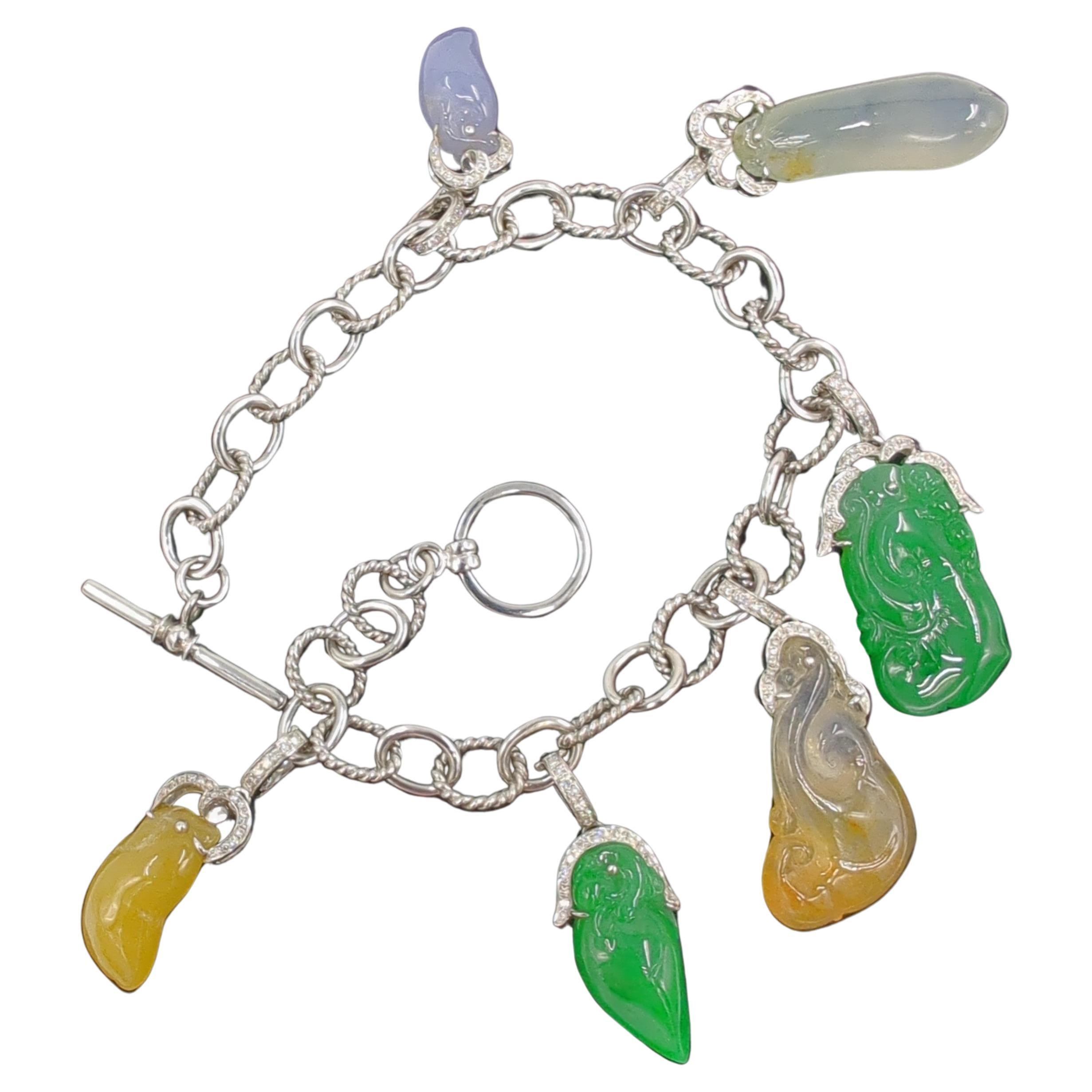 18k WG Multicolor Jadeite Diamond 6 Charms Bracelet G.I.A. Gemologist ...