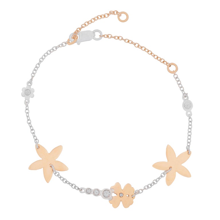 18k White and Rose Gold with Diamonds and Flowers Bracelet For Sale at ...