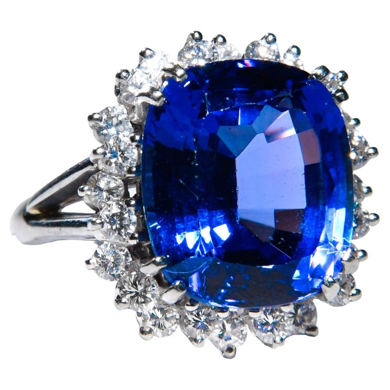 18K White Cushion Cut Tanzanite and Diamond Ring with Finger Fit Shank ...