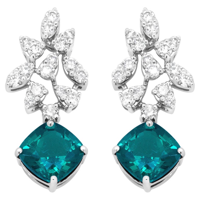 18K White Gold 1 1/10 Carat Diamond and Green Emerald Drop Earrings For ...