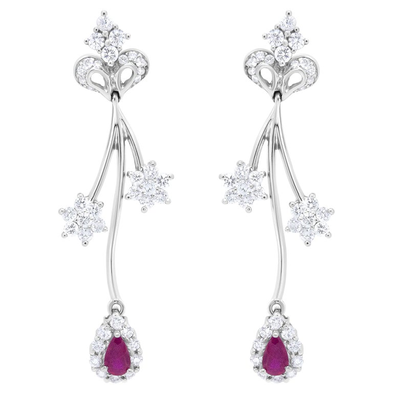 18K White Gold 1 1/4 Carat Diamond and Red Ruby Freeform Dangle Drop ...