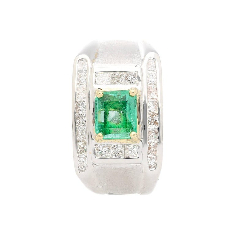 18K White Gold 1 Carat Colombian Emerald Mens Ring With Princess Cut ...