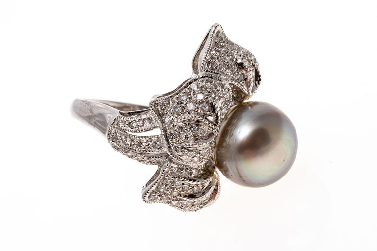 18K White Gold Grey Cultured Pearl and Diamond Set Flower Ring For Sale ...