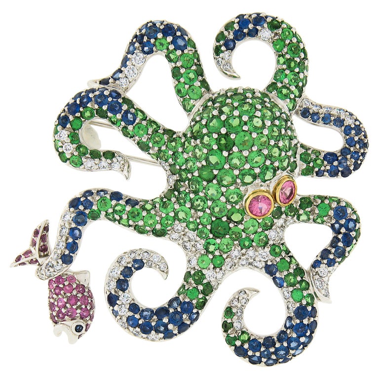 18k White Gold 12.85ct Multi Color Gemstone Diamond Pave Octopus Fish ...