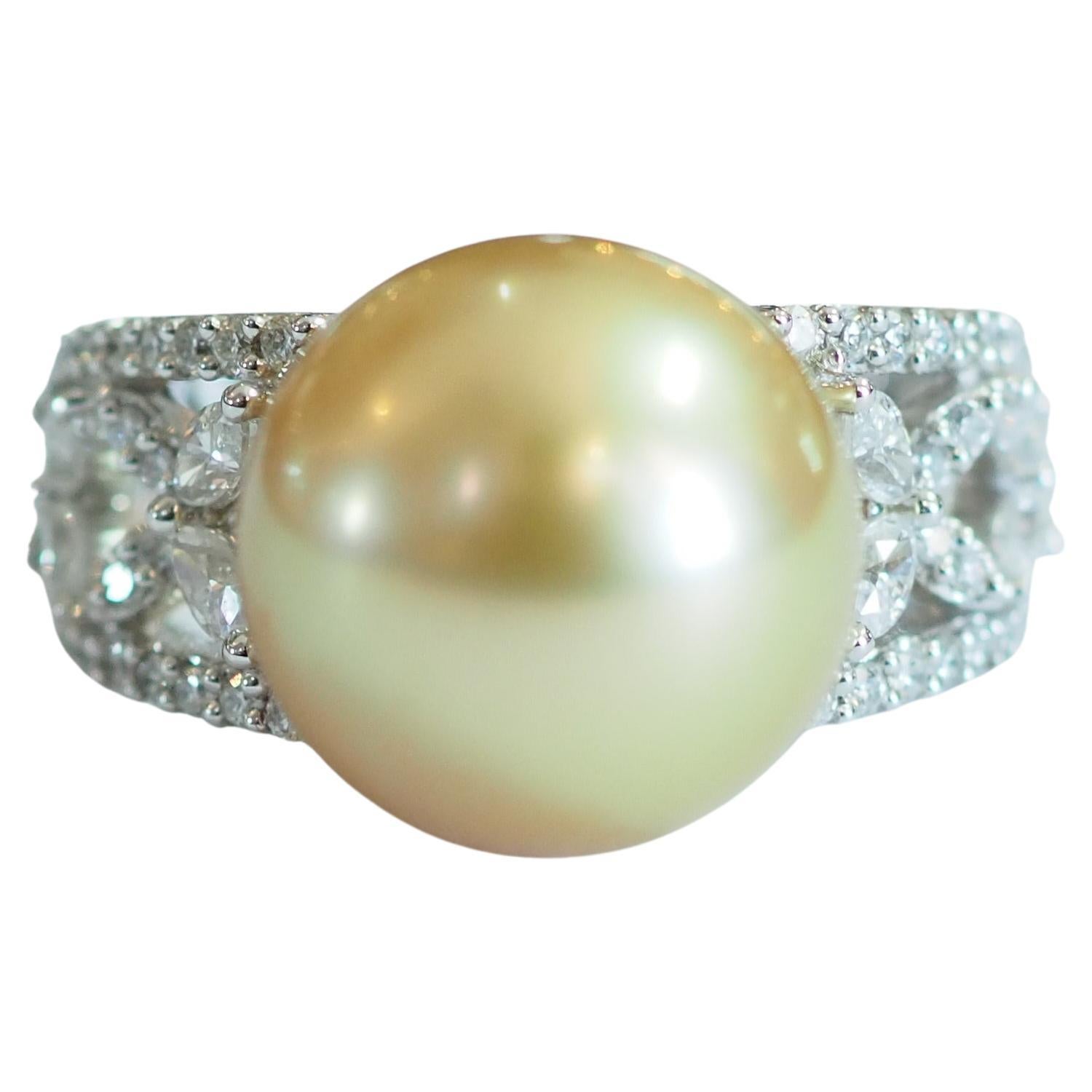 Customizable Golden South Sea Pearl Diamond Double Halo Ring in 18k ...
