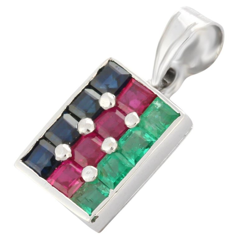 18k White Gold 1.95 ct Sapphire, Ruby and Emerald Box Pendant Necklace ...