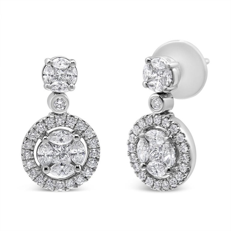 18K White Gold 2.0 Cttw Round Shape Diamond Composite Halo Dangle Stud ...