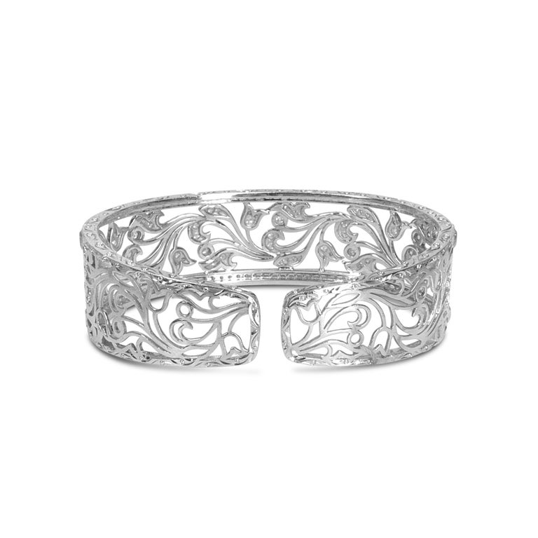 18K White Gold 3 1/4 cttw Diamond Openwork Filigree Swirl Bangle Cuff Bracelet at 1stDibs