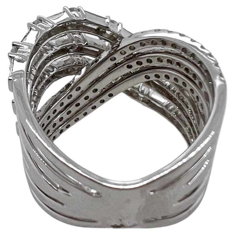 18k White Gold 3 Row Wave Pattern Diamond Ring For Sale at 1stDibs
