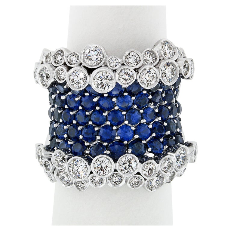 18k White Gold 8ctw Sapphire And Diamond Wide Wave Bubbles Statement